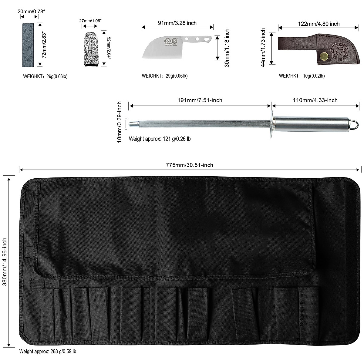 XYJ Authentic Since1986,Professional Knife Sets for Master Chefs,Cooking Knife Set with Chef Bag,Case,Scissors,Sharpener,Culinary Butcher Cleaver,Kitchen Utility,Paring,Santoku