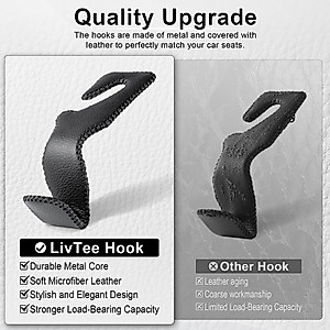 LivTee Black Superior Leather Car Seat Back Headrest Hook, Auto Seat Hook Hangers Interior Accessories for Purse Coats Umbrellas Grocery Bags Handbag, 2-Pack