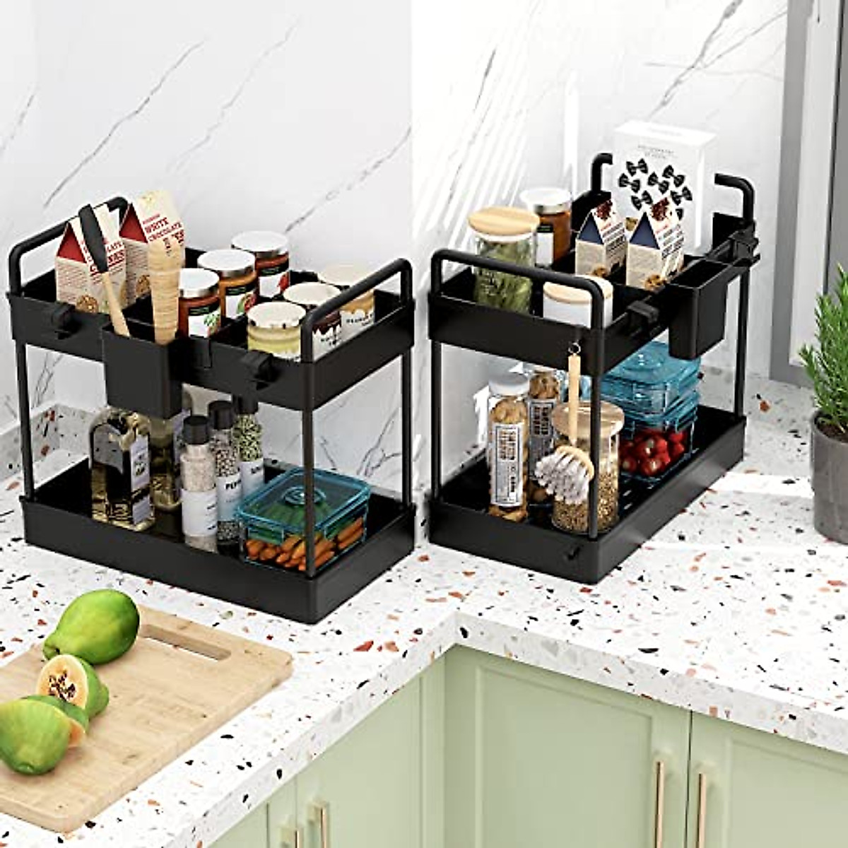 Ronlap 2 Pack Under Sink Organizers and Storage, 2 Tier Bathroom Organizer Under Sink with Handle Hanging Cup Hooks Dividers, Kitchen Organization and Storage Under Sink Cabinet Counter Shelf, Black