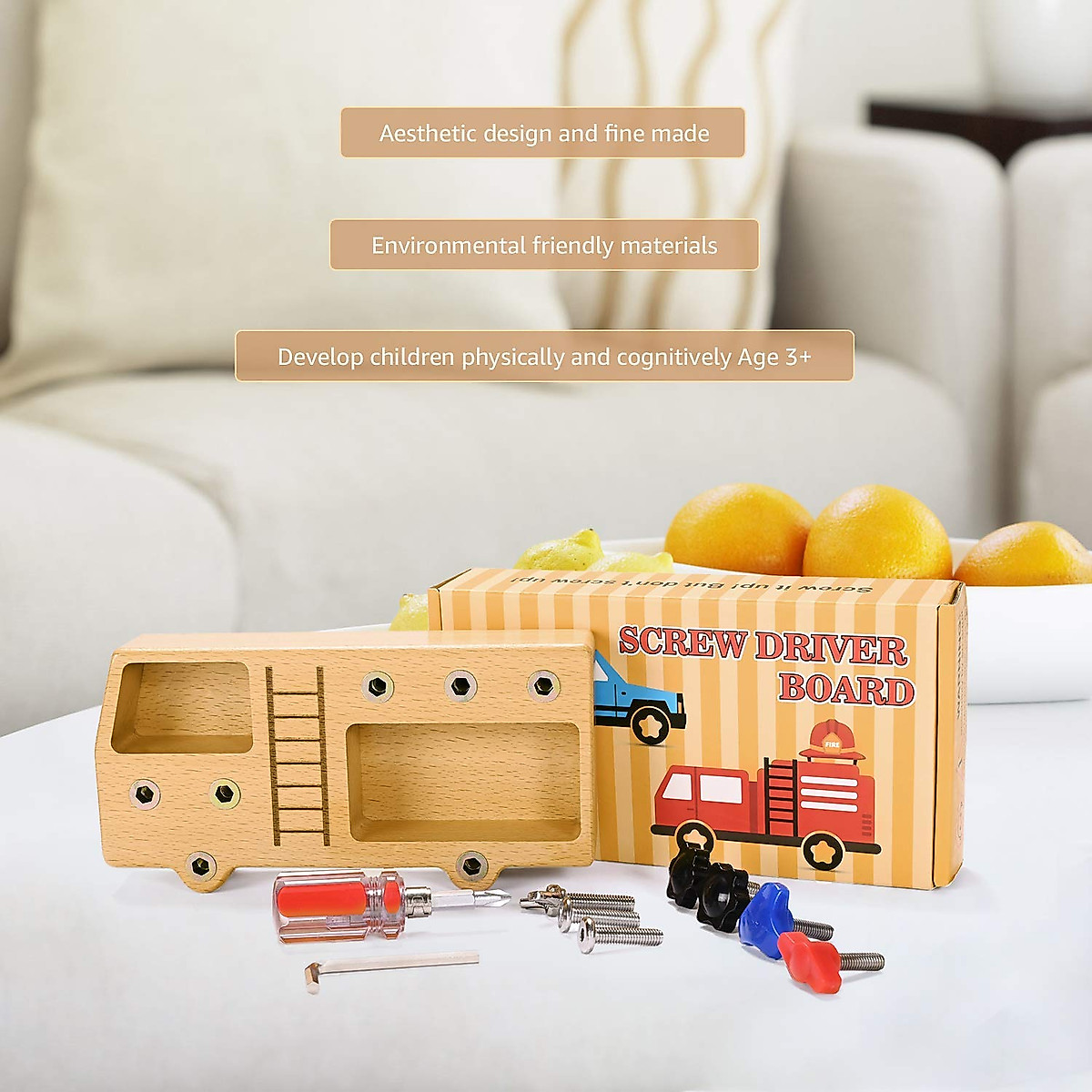 LUEUR Montessori Toys for Toddlers - Screw Driver Board for kids, Basic Skills Educational Learning Sensory Toy, Wooden Fire Truck Montessori Materials for kids over 3 Year Olds, Preschool, Classroom…
