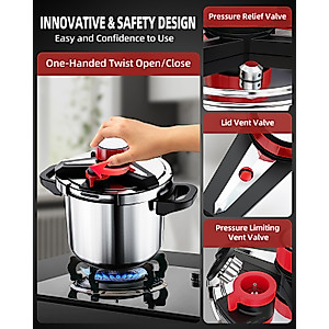 3-In-1 304 Stainless Steel Pressure Cooker 8 QT: [Explosion-Proof] [3 PSI Settings], One-Hand Locking, Induction Compatible, Glass Lid & Steamer Rack Included, Olla de Presion