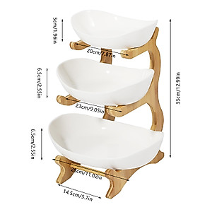 DYRABREST Oval Ceramic Fruit Plate Bowl, 3 Layer Ceramic Bamboo Frame Fruit Plate, Multi-layer White/Brown (Optional) Fruit Basket Holder Vegetables Storage Stand for Fruits Snacks Candy (White)