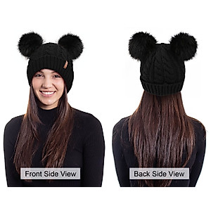 Arctic Paw Pom Pom Beanie Cable Knit Fleece Lined Winter Beanie Women Hat Black Beanie Women