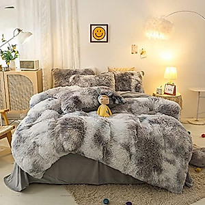 Jameswish Shaggy Plush Duvet Cover Set Super Soft Fluffy Faux Fur Comforter Cover Set Luxury Fuzzy Bedding Set 3 Piece(1Duvet Cover+2Pillowcases) with Zipper Closure(Queen Size,Gray White Ombre)