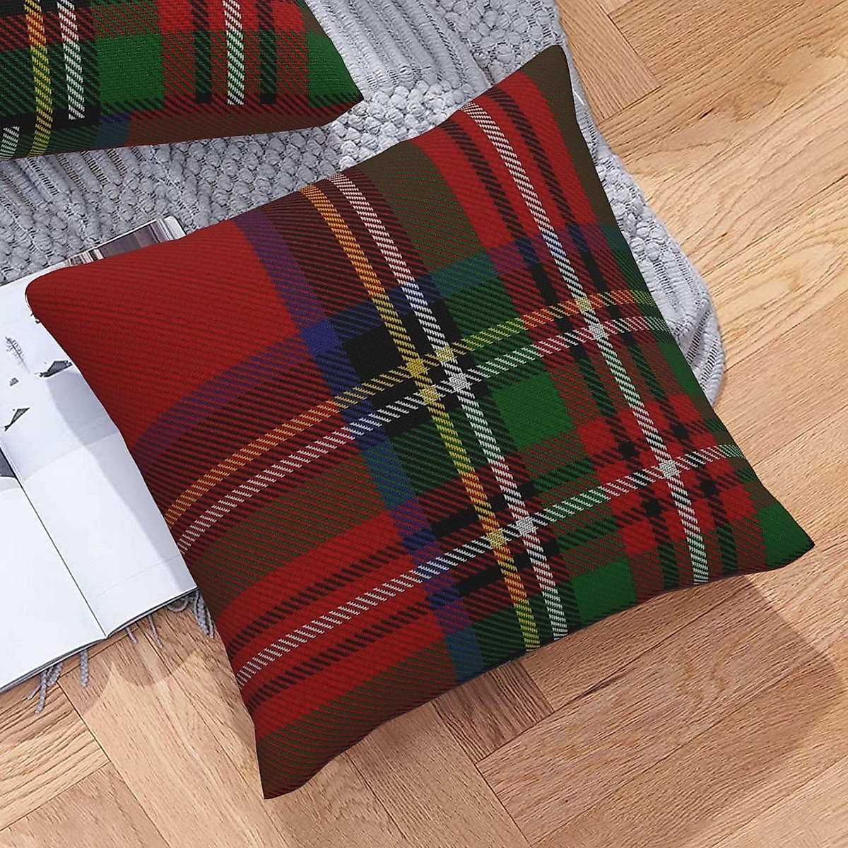ChangQingArt Checkered Pillow Covers 16x16 Inch, Green Scottish Tartan Red Abstract Ancient Antique Black Double Sided Decorative Pillows Cases Throw Pillows Covers