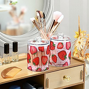 Clear Plastic Jar Set for Cotton Ball, Cotton Swab, Cotton Round Pads, Floss, Kawaii Fruits Cute Strawberry Bathroom Canisters Storage Organizer, Vanity Makeup Organizer,2Pack