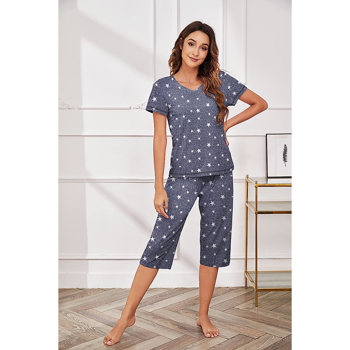 Ekouaer Women's Sleepwear Capri Pajama Sets Short Sleeve Two-Piece Pjs V Neck Tops & Capri Pants with Pockets S-3XL