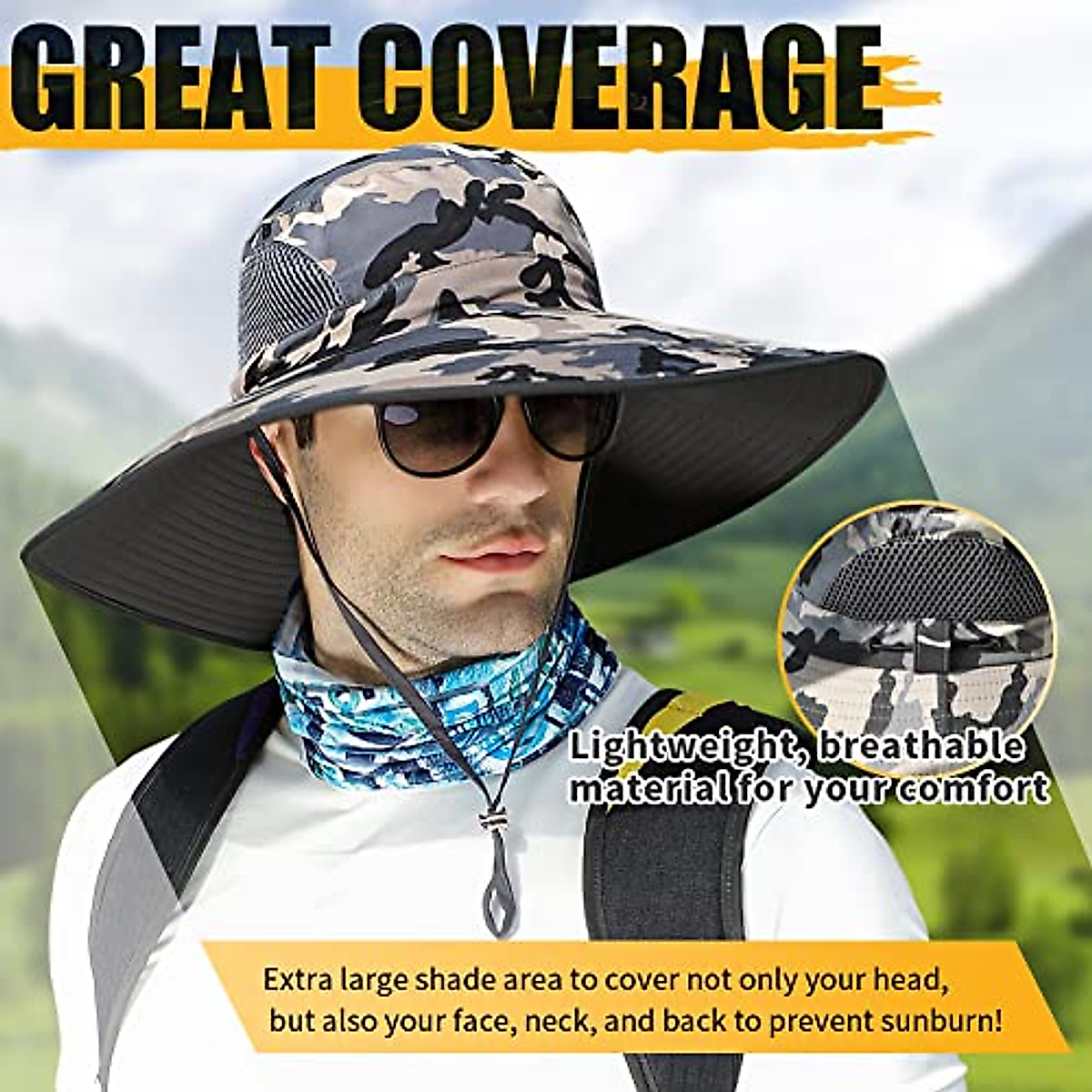 【Oversize XXL&Wide Brim】 Sun Hats for Men, 【UPF50+Waterproof】 Fishing-Hat Boonie Bucket for Hiking Safari Beach Garden Khaki