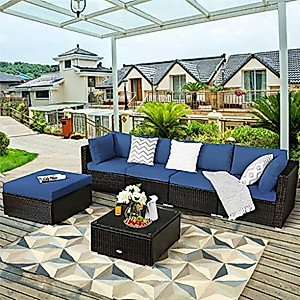 NICEDAYFY 6PCS Outdoor Patio Rattan Furniture Set Cushioned Sectional Sofa Navy for Your Garden, Balcony and Poolside