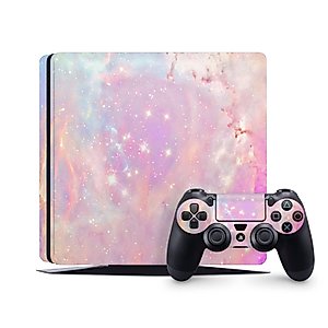 ZOOMHITSKINS Compatible with PS4 Slim Skin, Galaxy Pink Pastel Star Light Blue Rose, Durable & Fit, 3M Vinyl, Made in The USA