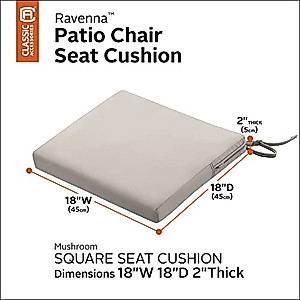 Classic Accessories Ravenna Water-Resistant Patio Chair Seat Cushion, 18 x 18 x 2 Inch, Mushroom, Patio Furniture Cushions