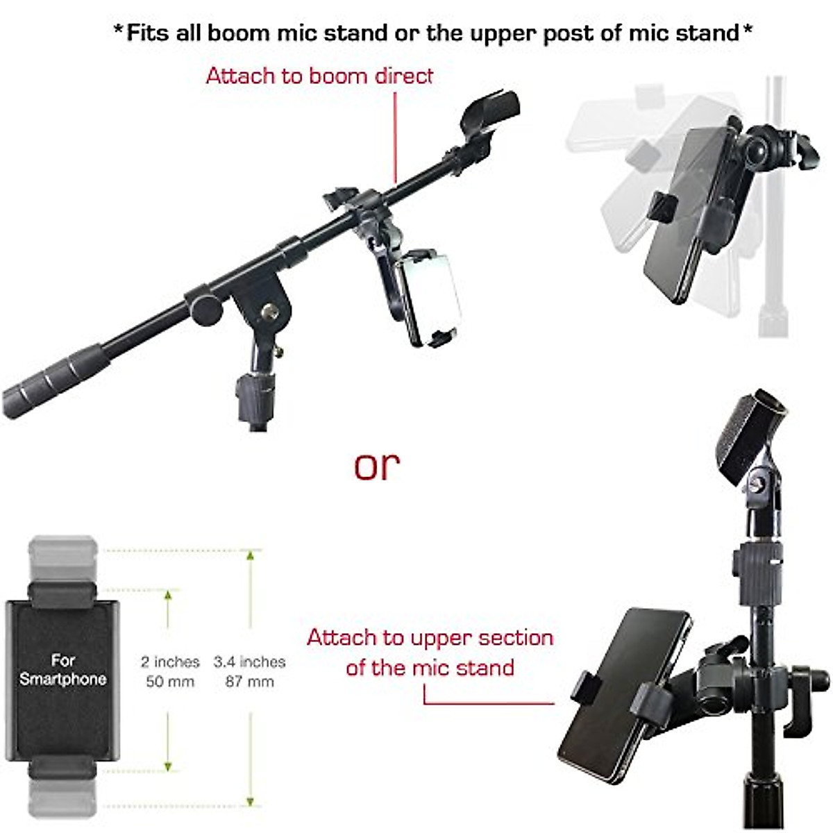 AccessoryBasics Music Boom Mic Microphone Stand Smartphone Mount w/360° Swivel Adjust Holder for all smartphones up to 3.75 inches wide (Zoom Video Compatible)