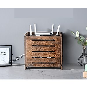 BEARUT Wooden Wireless WiFi Router Storage Box Modem Router Cover Wood Shelf Power Strip and Cable Management Hider Rack Office Desktop Organizer Shelves Rural Need Assembly