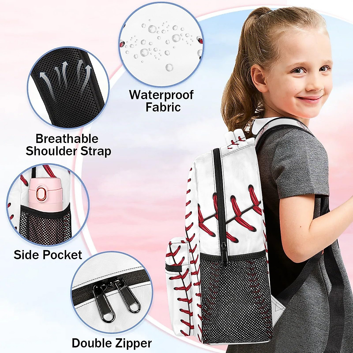 AUUXVA Baseball Stitches Laptop Backpack Kids Girls Boys Bookbag School Travel Tablet Back Pack Students Schoolbag For Elementary Junior High School College Hiking Fits 13 14 14.5 Inch