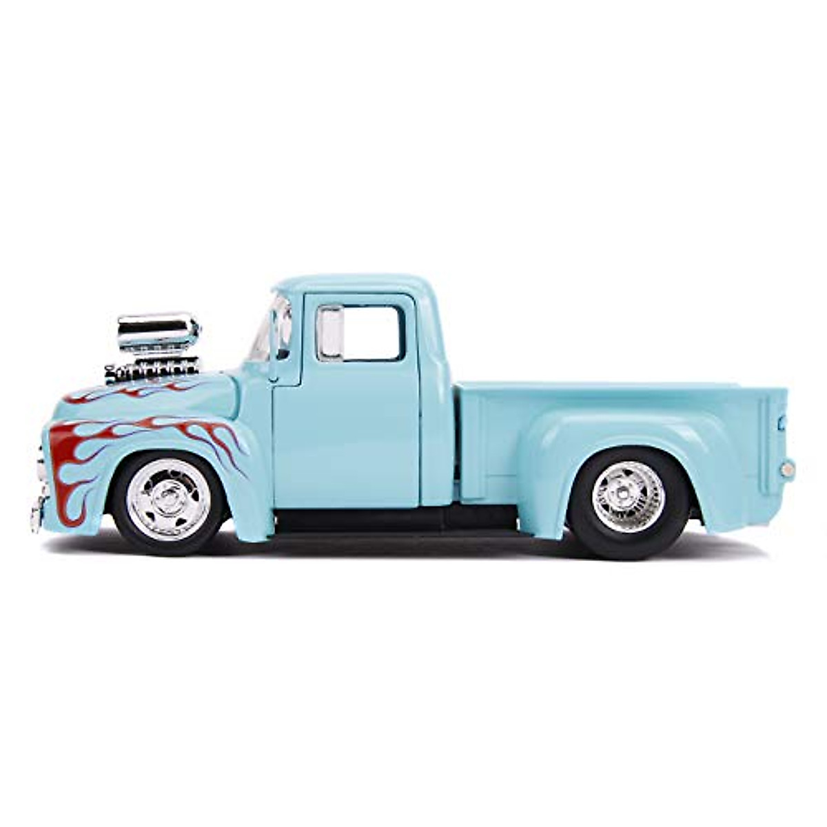 Jada Toys Just Trucks 1:24 1956 Ford F-100 with Rack Die-cast Car Blue/Red Flames, Toys for Kids and Adults