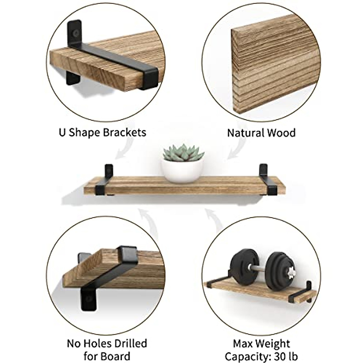 Gronda Floating Shelves Natural Wood Set of 3, Rustic Solid Wood Floating Shelves Wall Mounted Floating Bookshelves Farmhouse Wooden Wall Decor Wall Shelves for Bathroom Living Room Bedroom Kitchen