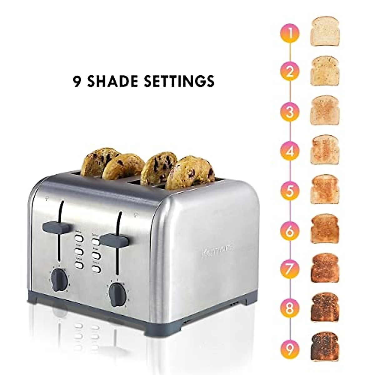 Kenmore 4-Slice Toaster, Stainless Steel, Dual Controls, Extra Wide Slots, Bagel and Defrost Functions, 9 Browning Levels, Removable Crumb Trays, for Bread, Toast, English Muffin, Toaster Strudel