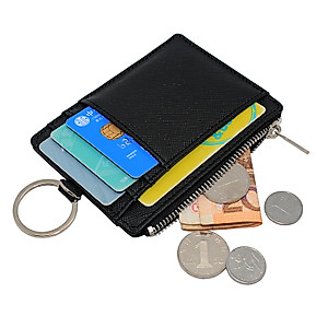 Boshiho Saffiano Leather Credit Card Holder Coin Change Purse with Key Ring Keychain - unisex