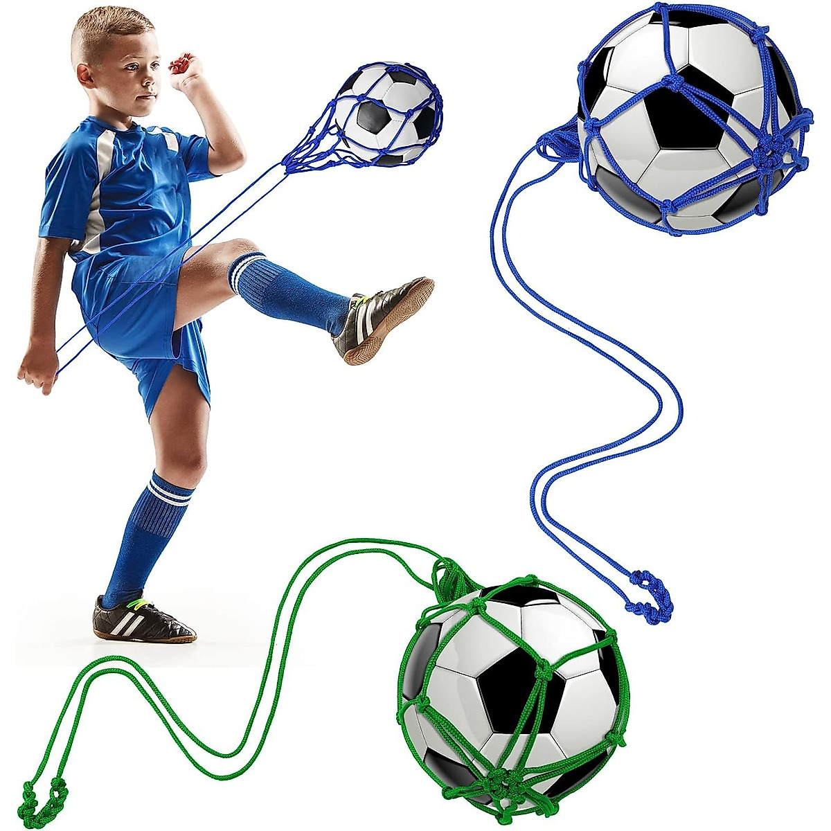 2 Pcs Solo Soccer Ball Net Soccer Training Equipment Soccer Practice Kick Bungee Trainer Juggling Net for Kids Youth Adults Kicking Practice, for Ball Size 3, 4, 5, Blue and Green