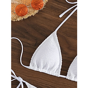 GORGLITTER Women's 2 Piece Sexy Thong Bikini Set String Cheeky Swimsuit Textured Halter Triangle Bathing Suits White Small