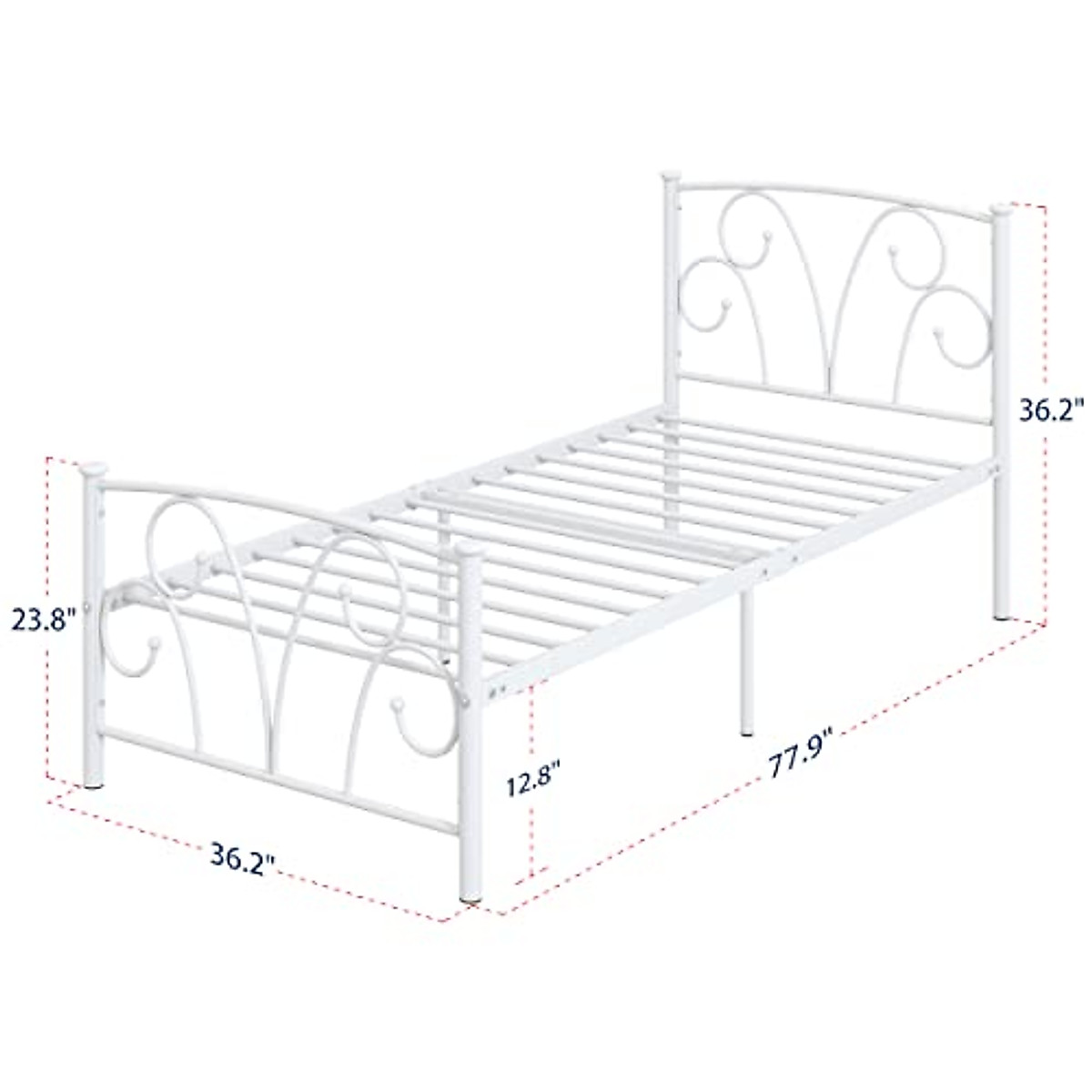 Elephance Twin Bed Frame with Headboard, Metal Platform Bed Frame with 12 Inch Storage Space No Box Spring Needed (White)
