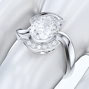 PRSTANI 10K White Gold Twisted Shank Half-Halo 7x9mm 2CT Simulated Oval Cut Diamond Engagement Ring Promise Ring (8)