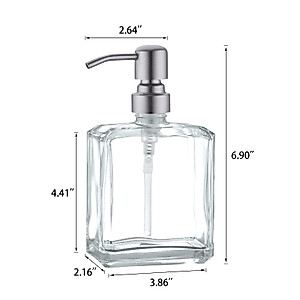 Kmeino Square Clear Glass Dish Soap Dispenser, Antique Design Refillable Hand Soap Dispenser with Rust Proof Stainless Steel Pump, 13.5 oz Lotion Dispenser for Bathroom Vanity, Kitchen Countertop