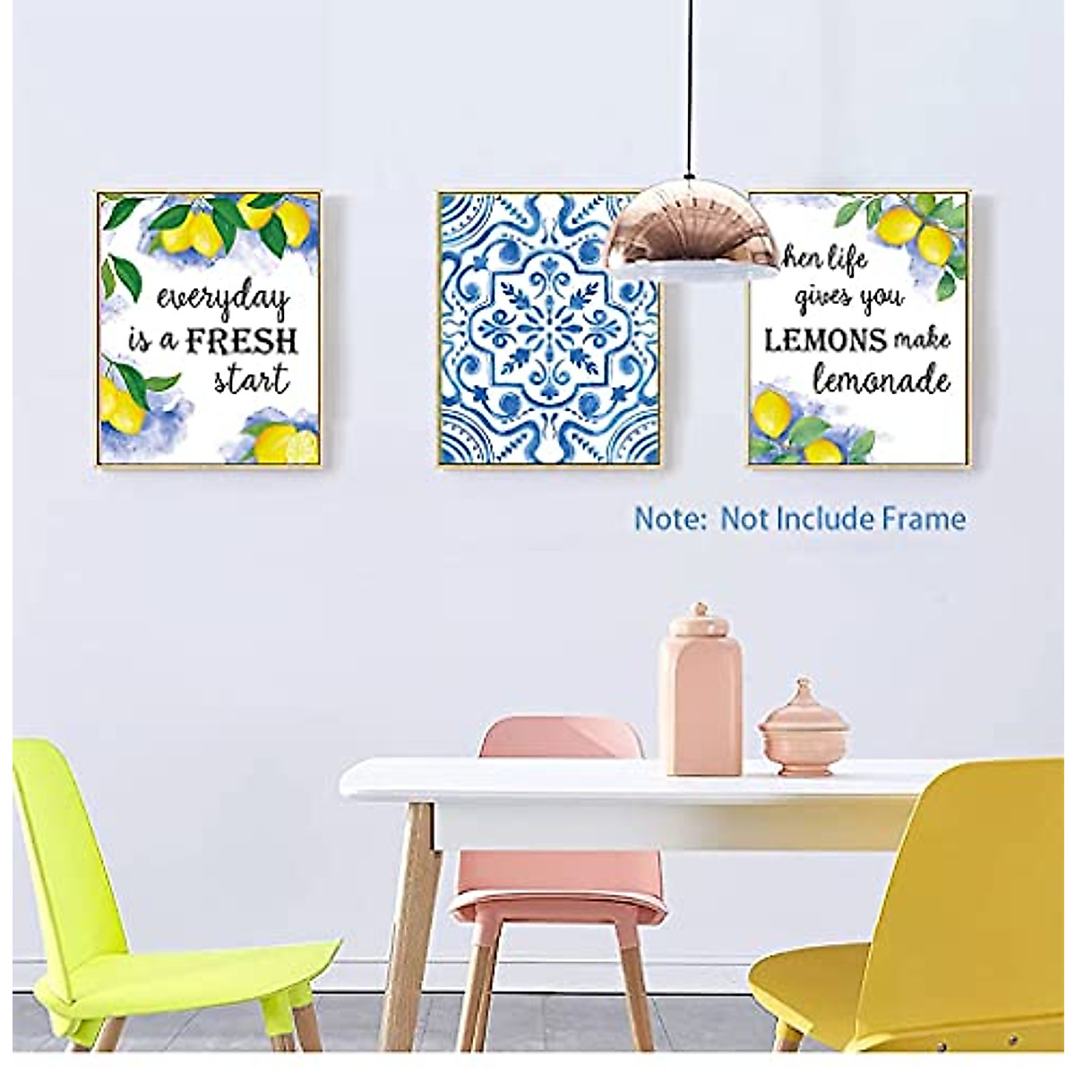 XUOIAYNB Blue Flower Pattern Lemon Art Print-- Mexican Tile Lemon Fruit with Inspirational Quote Canvas Wall Art--(8”X10”X6 pcs, Unframed)--Perfect for Kitchen Bedroom Decoration