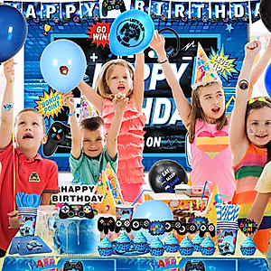 240Pcs Video Game Birthday Party Supplies, Video Game Birthday Party Decorations Include Banners, Cake & Cupcake Topper, Swirls, Backdrop, Tablewares, Balloons and Stickers (10 Guests)