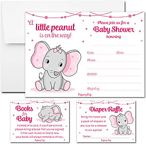 Set of 25 Baby Shower Invitations for Girl with Enveloppes, Diaper Raffle Tickets and Baby Shower Book Request Cards - Elephant