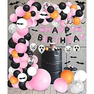 Halloween Pink Birthday Party Decorations Balloon Arch Foil Balloon Banner Bat Hanging Swirl for Halloween Happy Boo Day Baby Shower Party Supplies