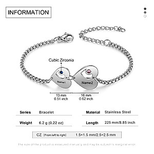 Giftider Personalized Name Bracelet for Women, Mothers Bracelet Custom Love Heart Charm Bracelet with 1-6 Birthstones Name Bracelet for Mom Jewelry Gift for Girls Wife Girlfriend (2 Name)