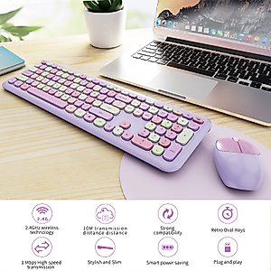 Wireless Keyboard and Mouse Combo, Colorful Ergonomic Full Size Retro Low-Noise Keyboard with Cute keycaps, Compatible with Windows, PC, Perfer for Home and Office Keyboards (Purple)