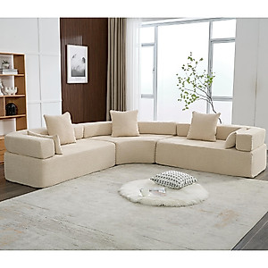 Oversize Modern Curved Sofa Couch for Living Room,Boucle Fabric Corner Cloud Sofa with 5 Pillows,Minimalist Style Comfy L Shape Couch,4 Seater,Khaki,Frameless