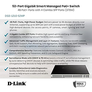 D-Link 52-Port Gigabit Smart Managed PoE+ Switch | 48 PoE+ Ports (370W) + 4 Combo SFP Ports| L2+ |VLANs |Web Managed |Surveillance Mode | Rackmount | NDAA Compliant | Lifetime Warranty (DGS-1210-52MP)