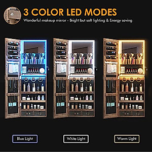 Vlsrka Mirror Jewelry Cabinet with 3 LED Lights, Wall/Door Mounted Jewelry Armoire Organizer with Full Length Mirror Large Capacity Storage Hanging Cabinet, Built-in Lighted & Movable Makeup Mirror