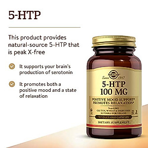 Solgar 5-HTP 100 mg, 90 Vegetable Capsules - Promotes Relaxation - Positive Mood & Stress Support - Non-GMO, Vegan, Gluten Free, Dairy Free, Kosher, Halal - 90 Servings