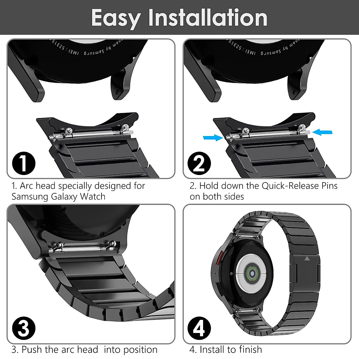 CHANCHY Stainless Steel Band for Samsung Galaxy Watch 7, No Gap Link Bracelet with Magnetic Clasp Metal Strap for Galaxy Watch 7 FE 6 5 4 Band 40mm 44mm 45mm 43mm 47mm 42mm 46mm for Men, Black