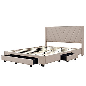 GJHOME Queen Bed Frame with Storage Upholstered Platform Bed Frame with 3 Drawers and Headboard Modern Linen Queen Size Beds with Wooden Slats Support, No Box Spring Box Needed, Beige