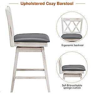 COSTWAY Bar Stool Set of 2, 360° Swivel Counter Height 25inch Bar Stool with Foot Rest Upholstered Cushion & Ergonomic Backrest, Sturdy Frame, for Pub, Restaurant, Home (2, Antique White + Grey)
