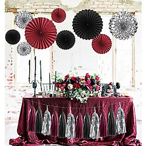 24PCS Maroon Decorations Burgundy Black Silver Party Paper Streamers Tassel Banner Garland Paper Flower Fans Wall Hanging Backdrop Graduation Birthday Bridal Shower Wedding Décor