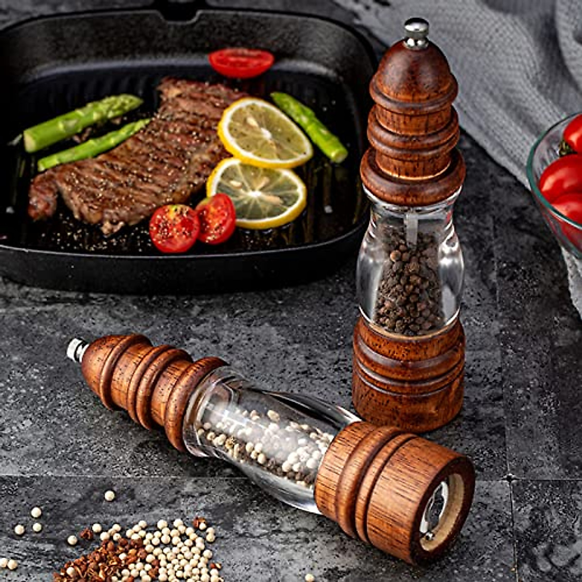Funly mee 8.5inch Acrylic and Wooden Salt and Pepper Grinder Set, Manual Pepper Mill Sets Salt Grinder, Adjustable Coarseness - 2 Pack