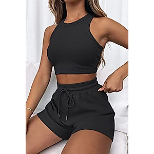 PEIARA 2 Piece Shorts Set for Women Outfits Vacation Linen Lounge Set Waffle Crop Top And Drawstring Shorts Set Tracksuits