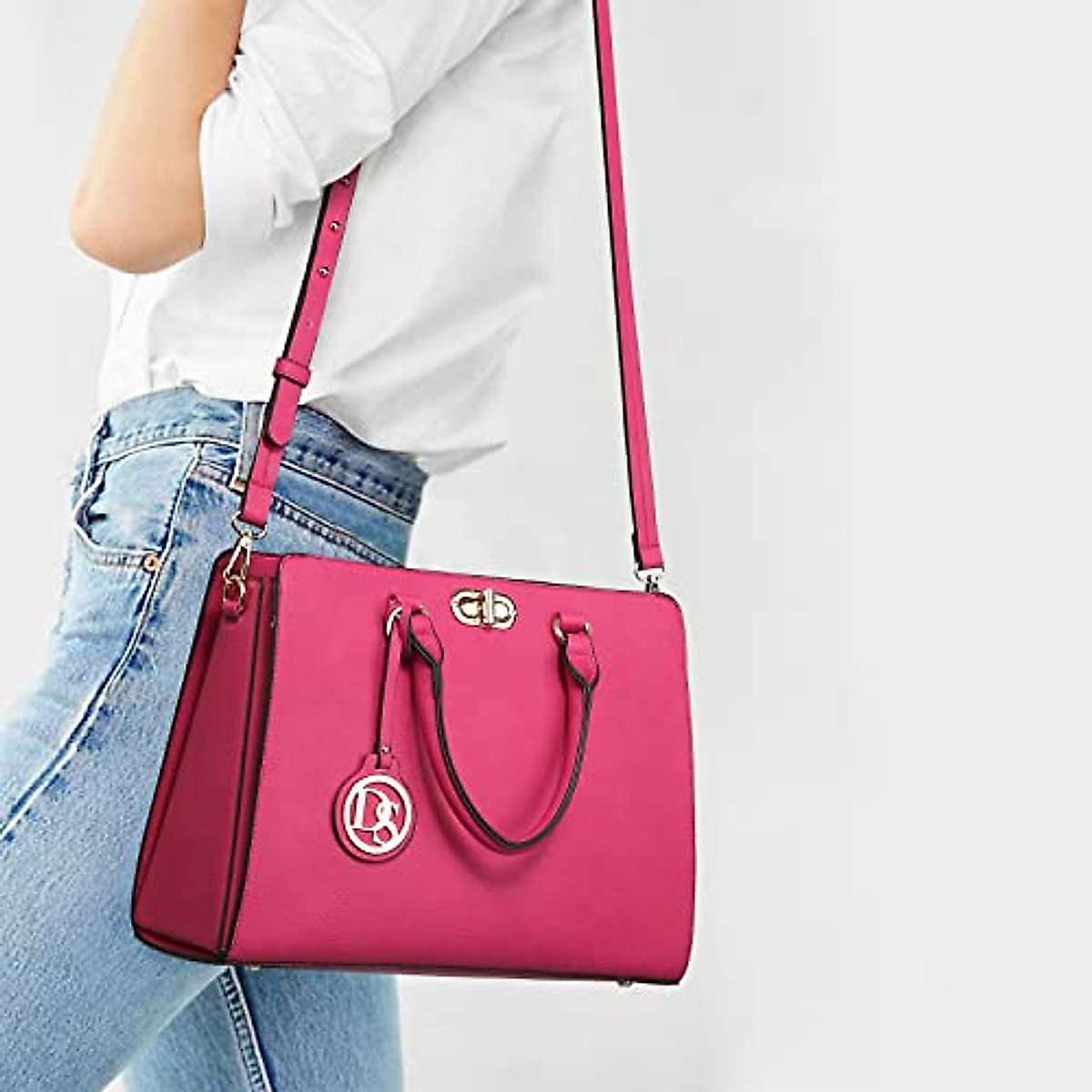 Dasein Women Handbags Fashion Satchel Purses Top Handle Tote Work Bags Shoulder Bags with Matching Clutch 2pcs Set (Peppled Fuchsia)