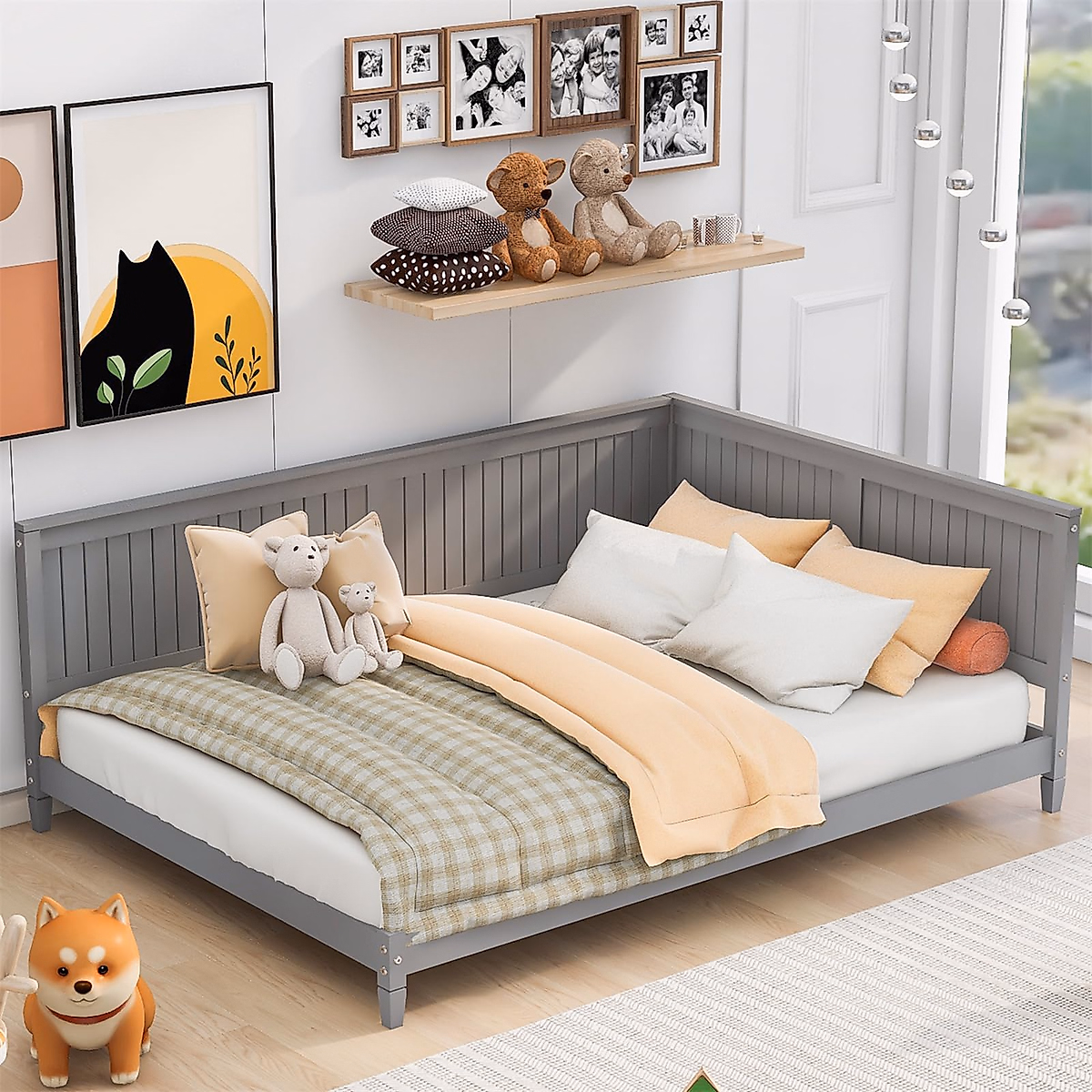 JINS&VICO Bed Frame, Daybed, Full Size Wood Day Bed, Mid-Century Modern DayBed with Wood Frame, Sofa Bed with Backrest and Armrest for Adults Boys and Girls, Load 600 LBS, Gray