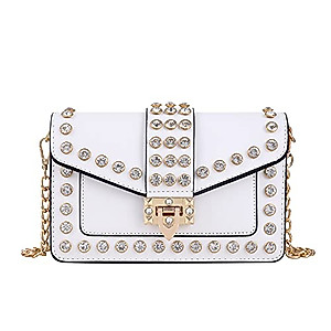 Qiayime Purses and Handbags for Women Rhinestone Fashion PU Leather Top Handle Crystal Chain Rivet Satchel Shoulder Tote Crossbody clutch Bags