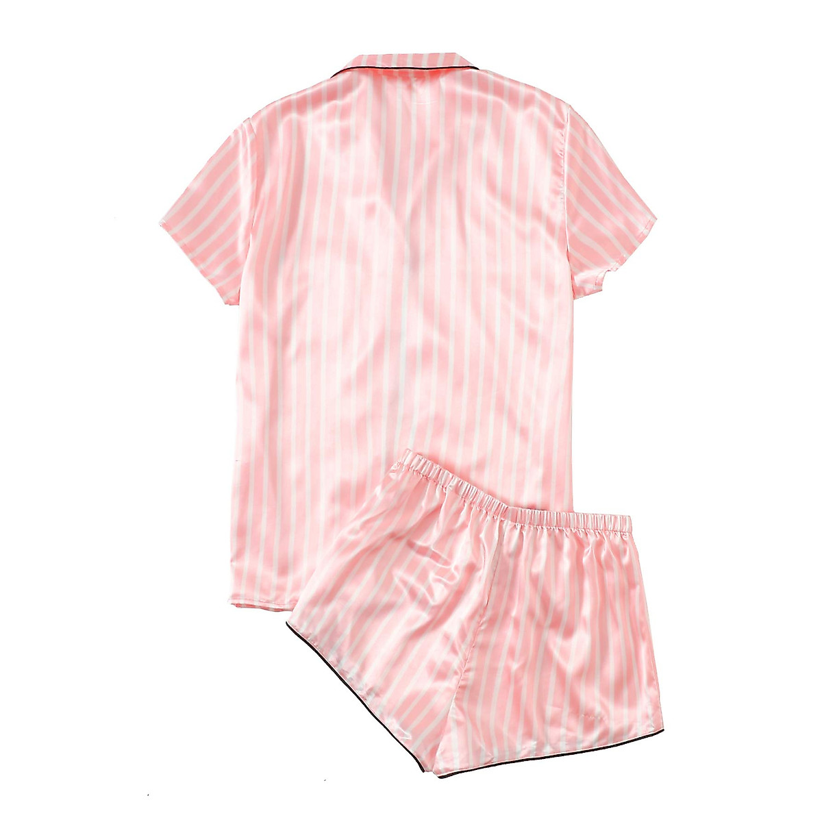 WDIRARA Women's Satin Sleepwear Short Sleeve Button Shirt and Shorts Pajama Set Silky PJ Striped Pink M