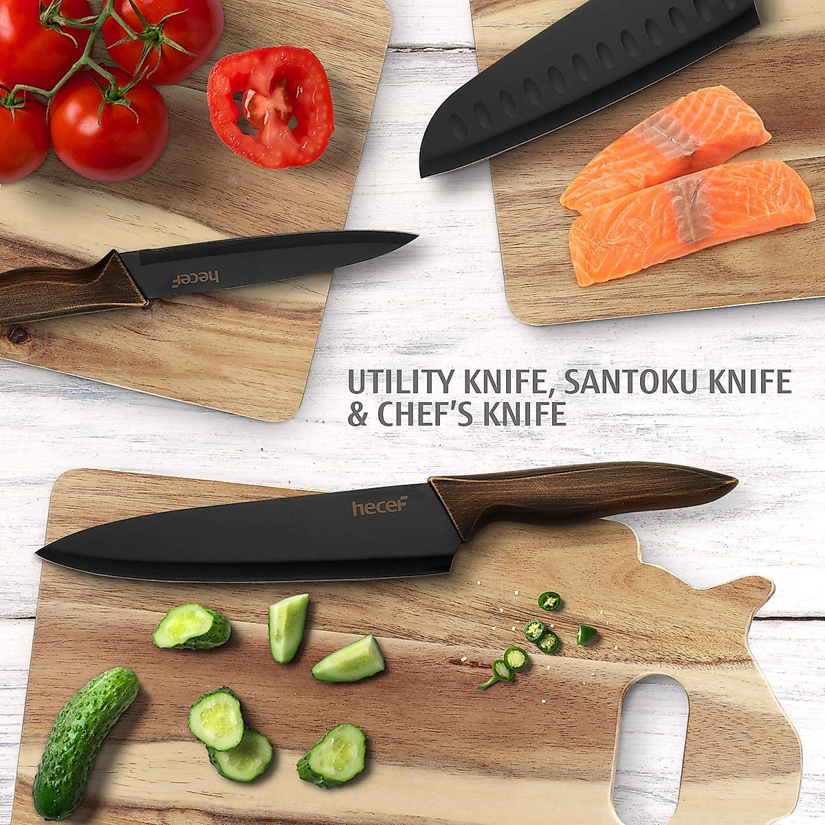 hecef Knife Set Black of 5 with 12 Inch Magnetic Knife Strip, Comes with Protective Blade Cover