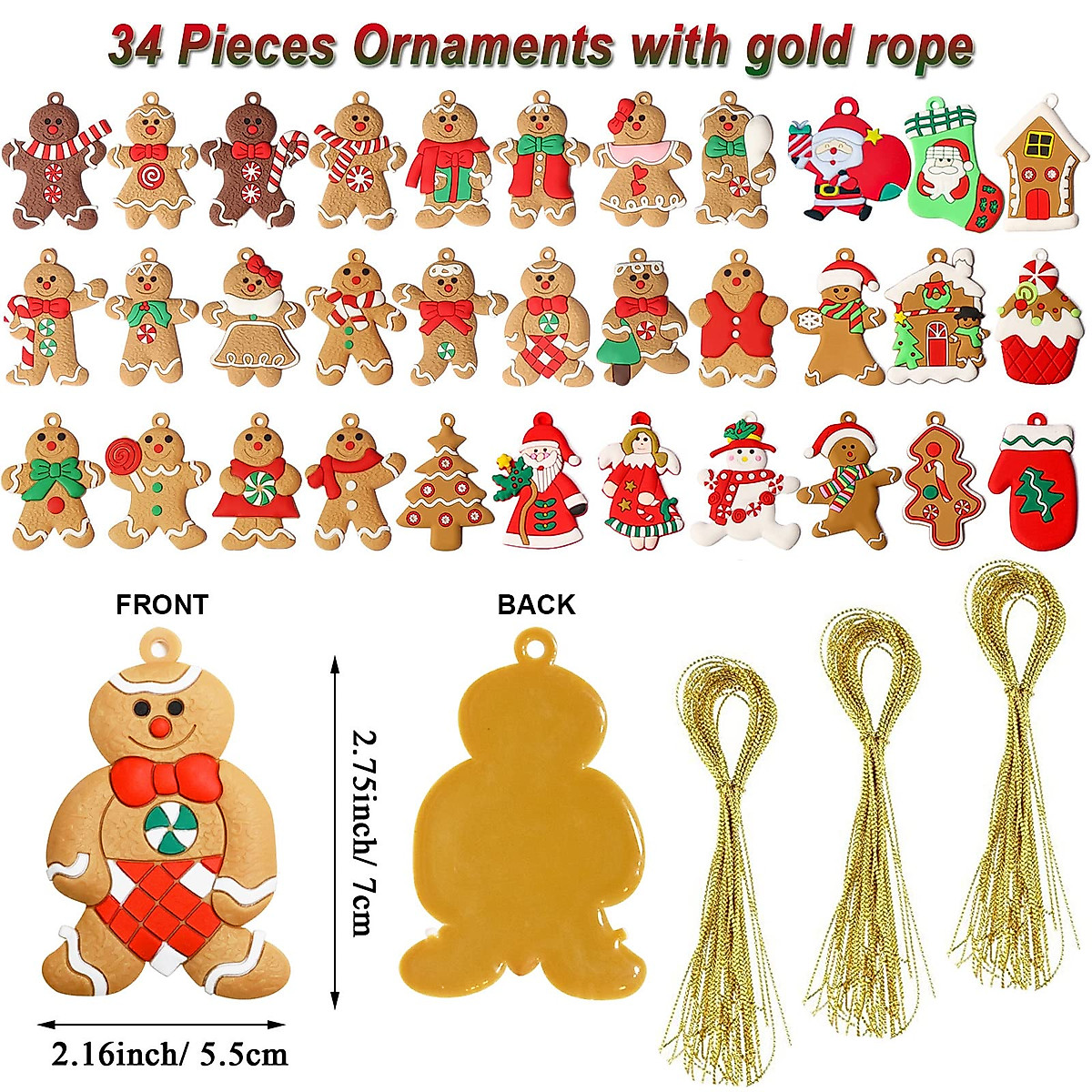 Vercoo 34 Pack Large Christmas Gingerbread Ornaments Set Gingerbread Man Ornaments Ginger Man with Strings Figurine Hanging Ornaments for Christmas Tree Decorations