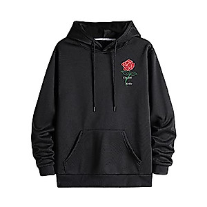 WDIRARA Men's Color Block Letter Embroidery Long Sleeve Hooded Sweatshirt Hoodies Red Rose and Black L